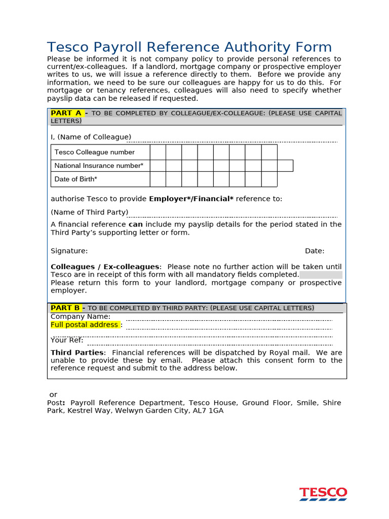 Tesco Payroll Reference Authority Form Consent Form To Be Filled | PDF