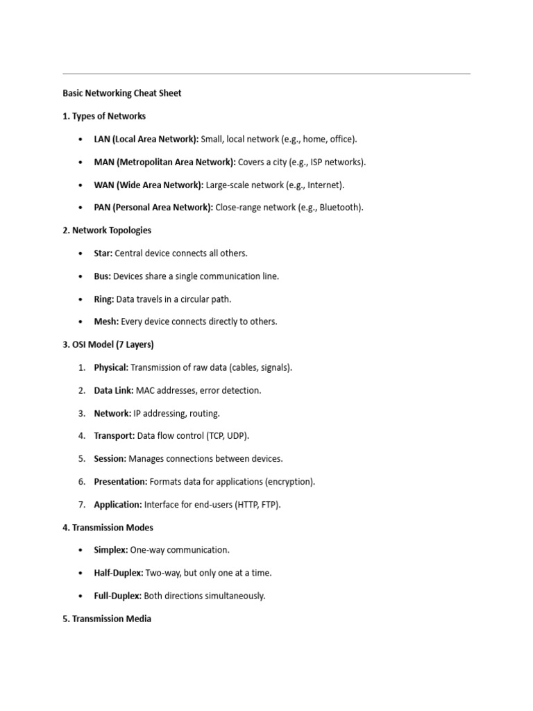 Basic Networking Cheat Sheet | PDF | Computer Network | Internet Protocol Suite
