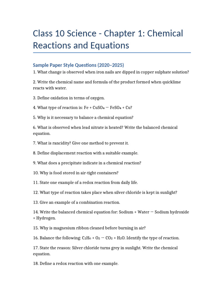 Class 10 Science: Chemical Reactions Guide | PDF | Chemical Reactions ...