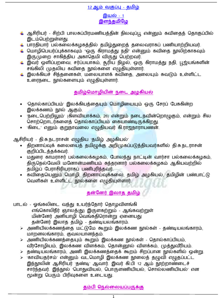 12th Tamil Short Notes - Compressed | PDF