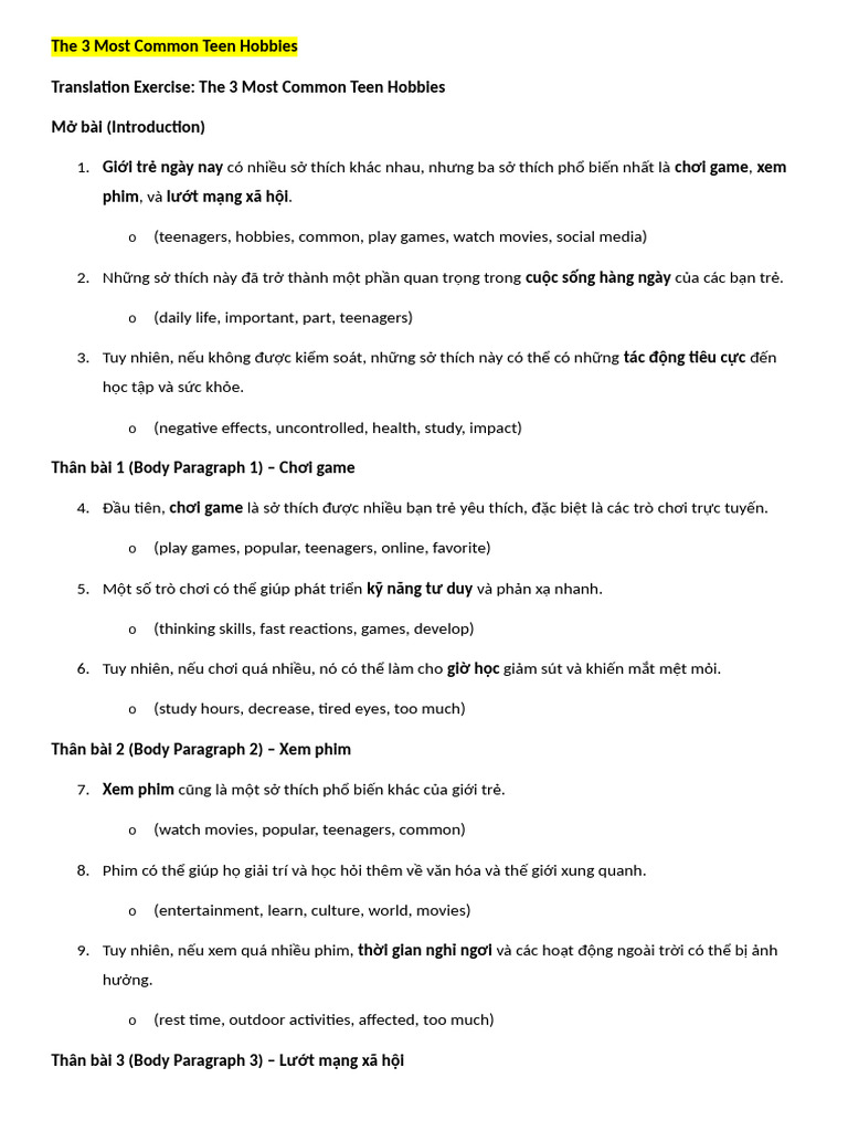 HANDOUTS Writing Translate 2 Topic 3 Most Common Hobbies For Teens | PDF