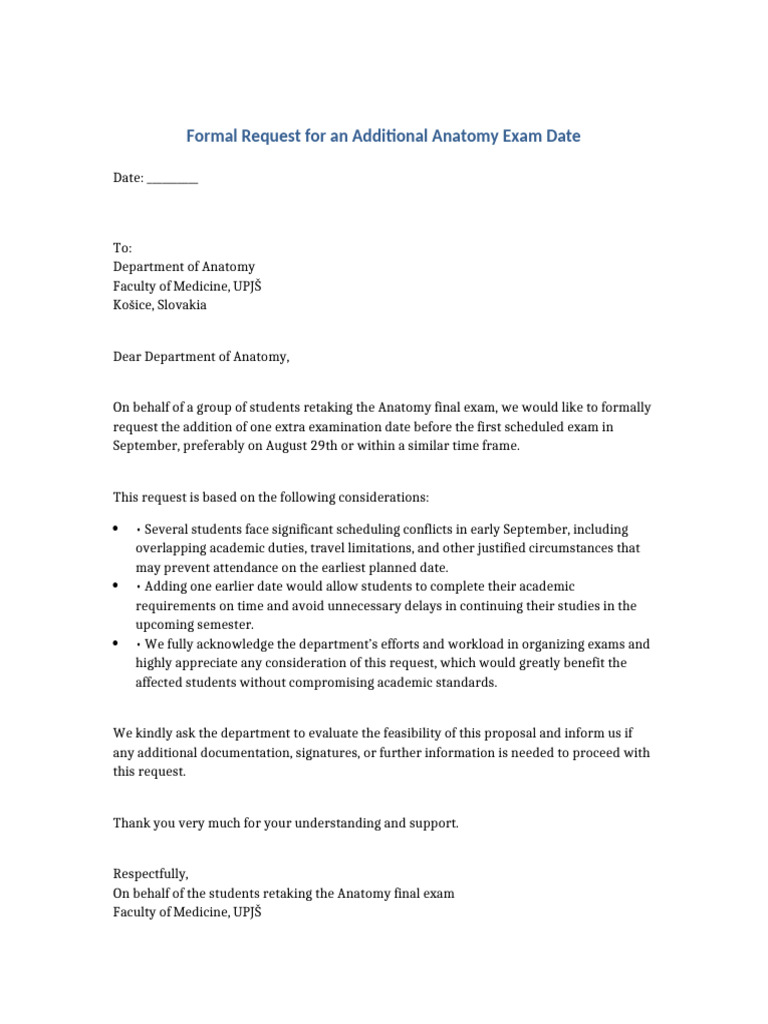 Formal Request Additional Anatomy Exam Date Formatted | PDF