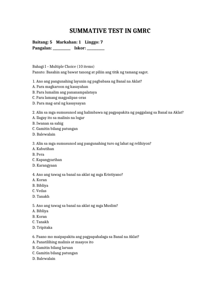 Summ Test GMRC 5 q1 w7 | PDF