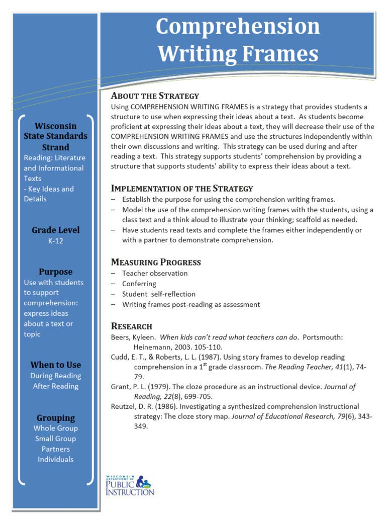 Comprehension Writing Frames Strategy | PDF | Reading Comprehension ...