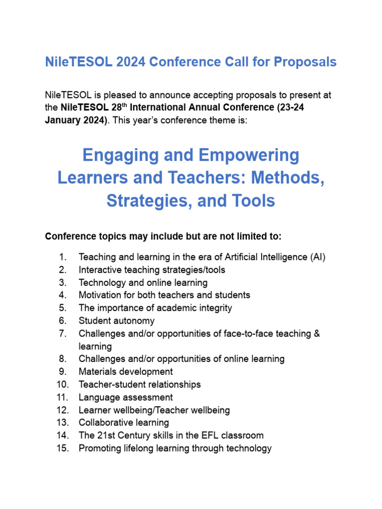 NileTESOL 2024 Conference Call For Proposals | PDF | Educational ...