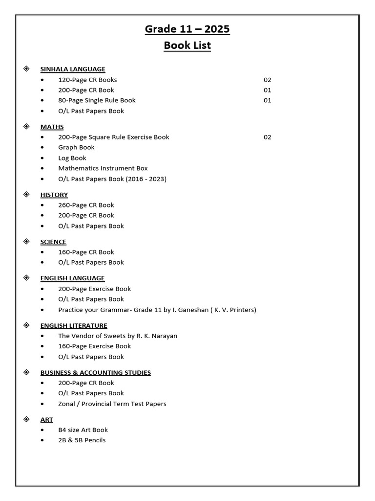 Grade 11 Book List - 2025 | PDF