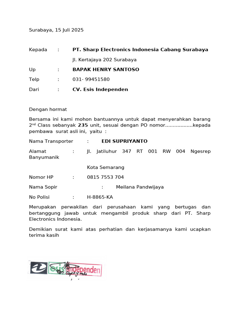 Surat Pengantar Sharp SBY | PDF