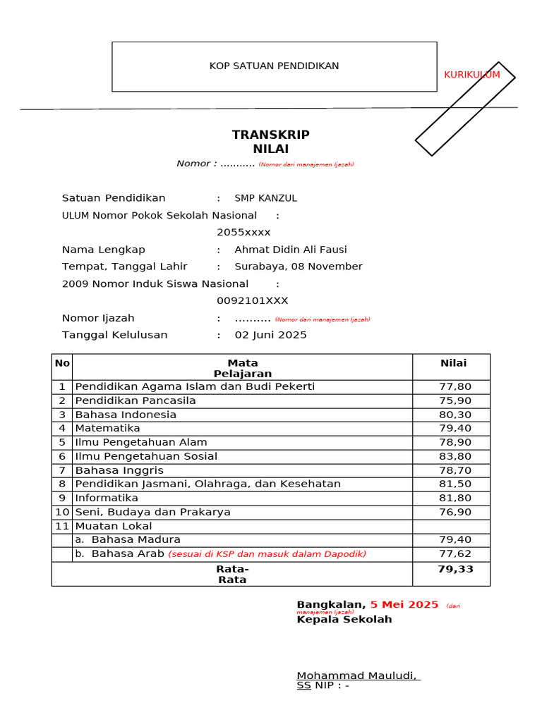 Contoh Transkrip Nilai Ijazah 2025 Kur Mer | PDF