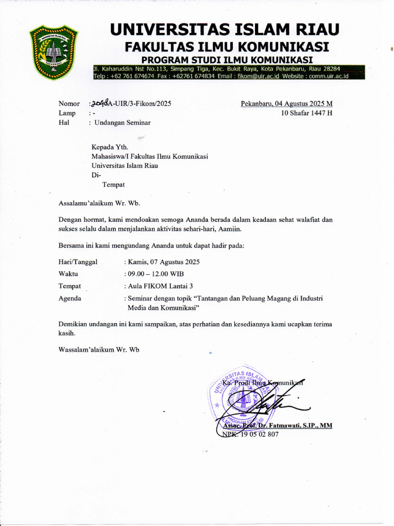Undangan Seminar (Mahasiswa FIKOM UIR) | PDF