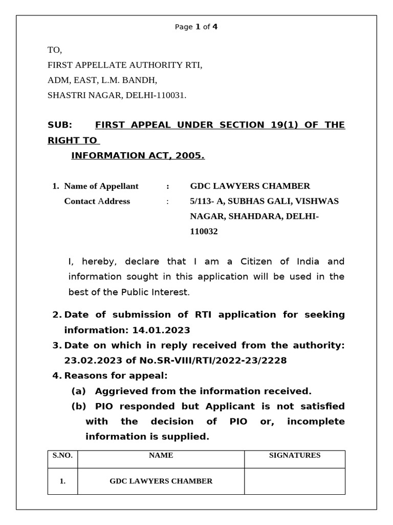 RTI First Appeal by GDC Lawyers Chamber | PDF | Justice | Crime & Violence