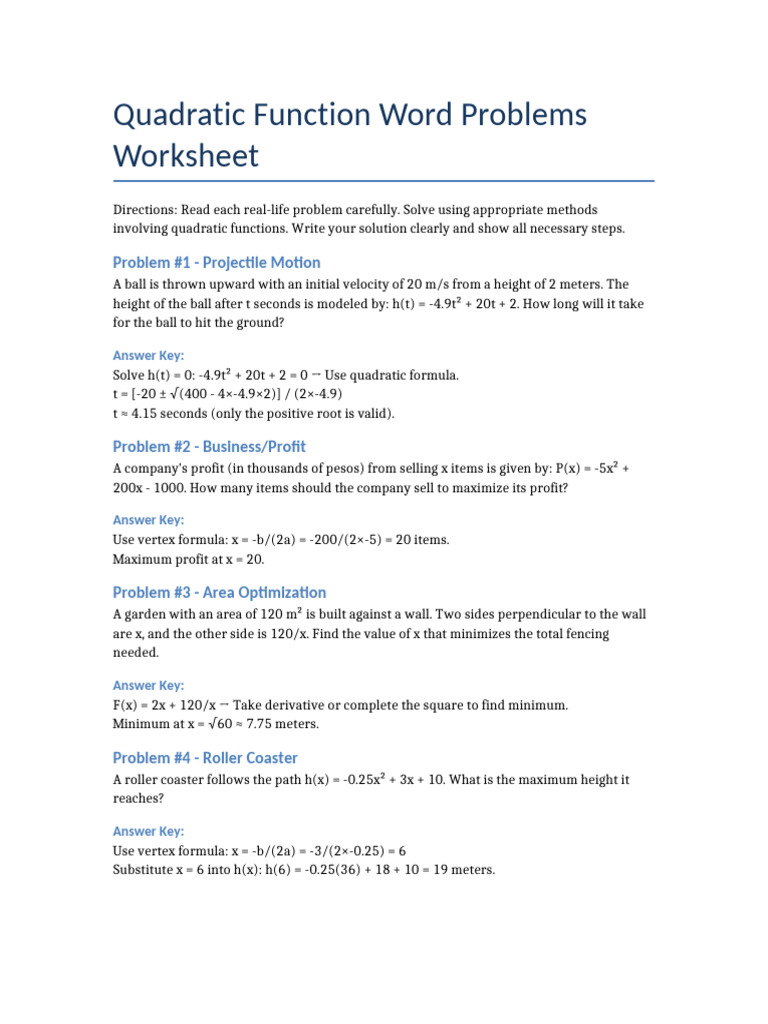 Quadratic Function Word Problems Worksheet | PDF