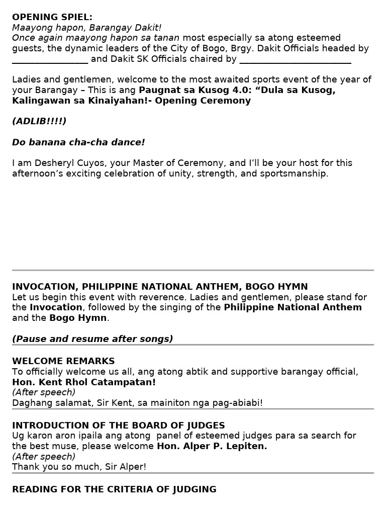 Dakit Opening Ceremony Script | PDF