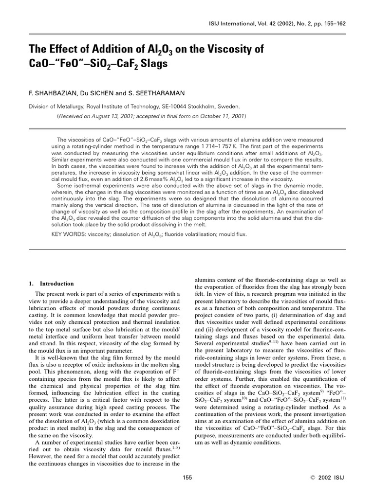Al2O3 Effects on Slag Viscosity in Casting | PDF | Viscosity ...