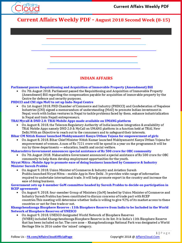 Current Affairs Weekly PDF - August 2018 Second Week PDF (8-15) by ...