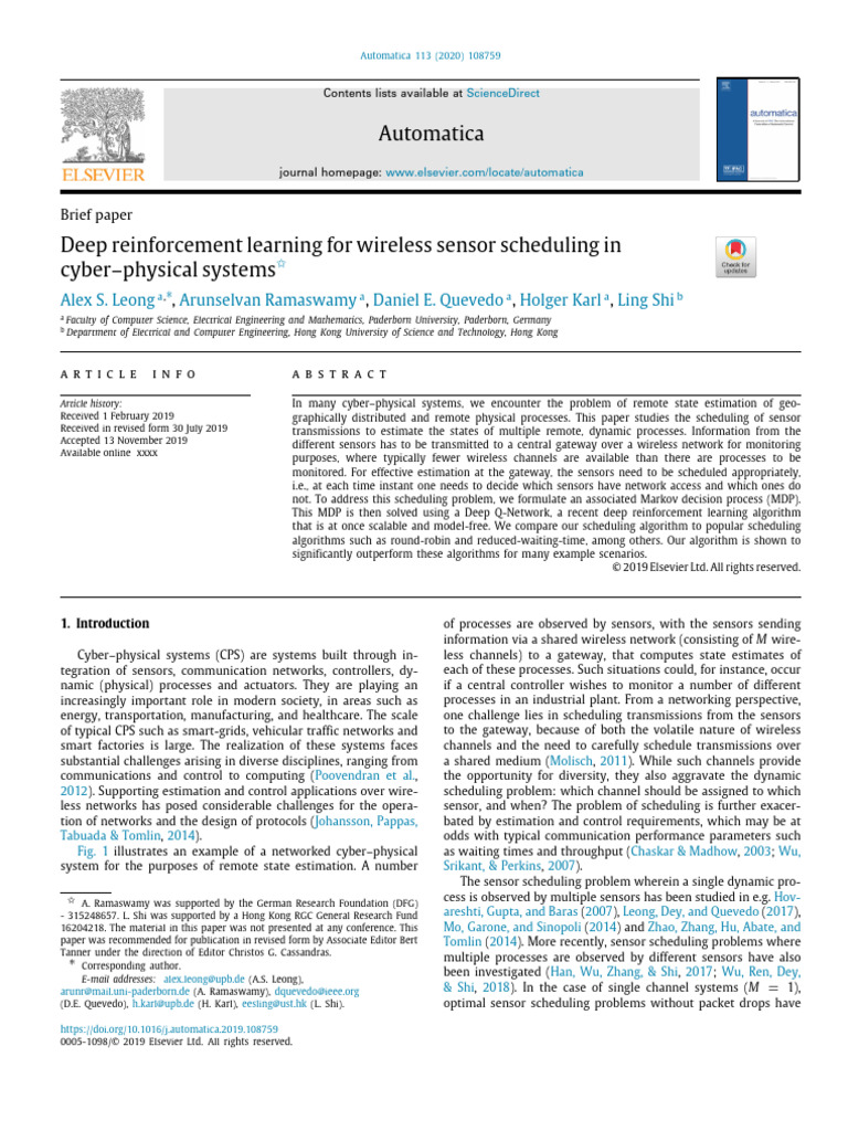 Deep Reinforcement Learning For Wireless Sensor Scheduling in Cyber ...
