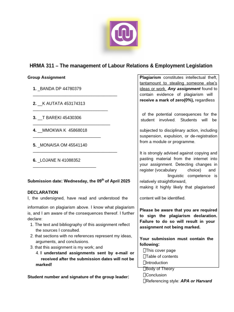 HRMA 311 - 1st Group Assignment - April 2025 Conv | PDF | Labour Law ...