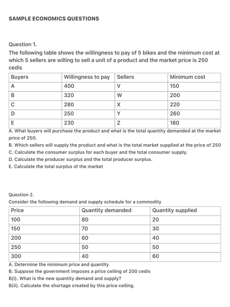 Sample Economics Questions | PDF | Economic Surplus | Demand