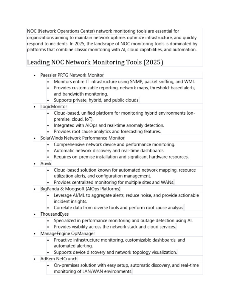 NOC Monitoring Tools Overview 2025 | PDF | Cloud Computing | Computer ...