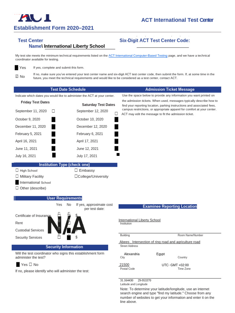 ACT International CBT Establishment Form 2020 2021 | PDF | Teachers ...