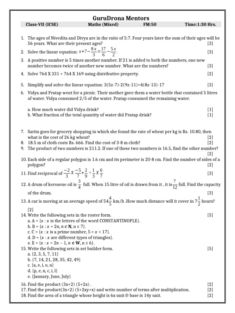 ICSE Class 7 Maths Sample Paper | PDF | Mathematics
