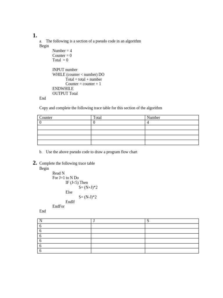 Trace tables exercise | PDF | Algorithms | Computer Programming