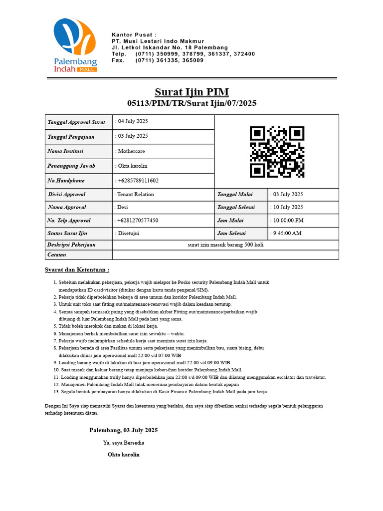 Surat Ijin Masuk Barang PIM Palembang | PDF