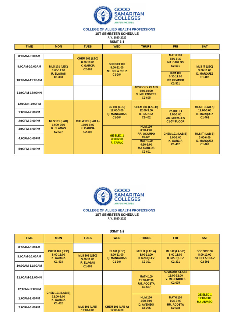 BSMT Class Sched 1st Sem A.Y 25-26 | PDF