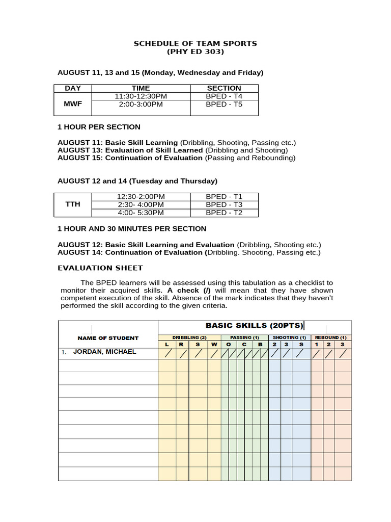 Team Sports Schedule and Evaluation Guide | PDF
