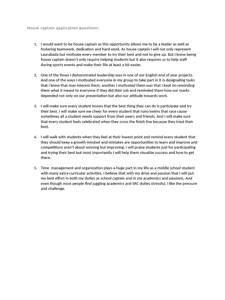 House Captain Application Questions | PDF