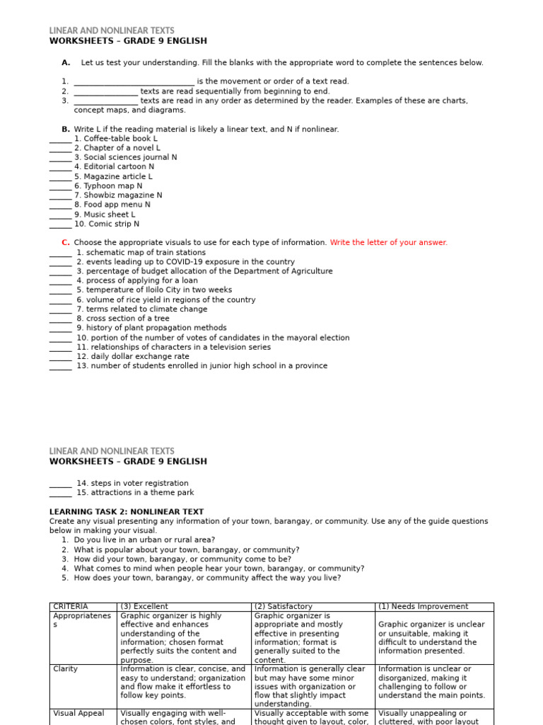 Worksheet Linear Nonlinear Texts | PDF | Page Layout