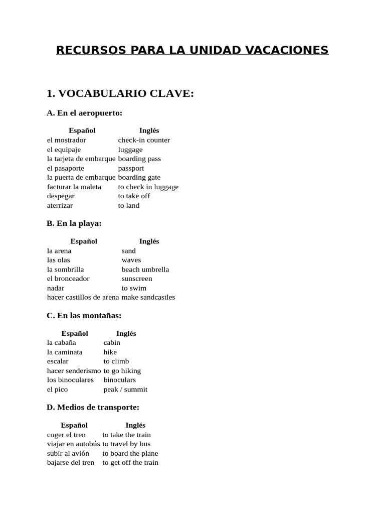 MYP 4 Resource Vacaciones | PDF