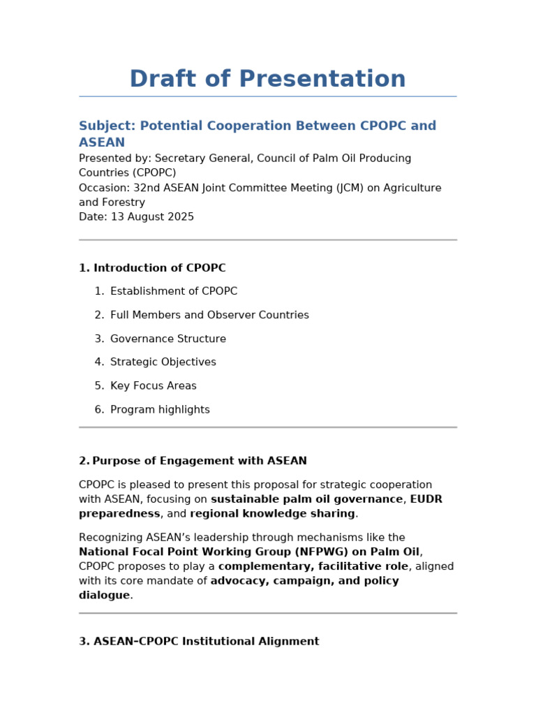 CPOPC-ASEAN Cooperation Proposal | PDF | Palm Oil | Governance