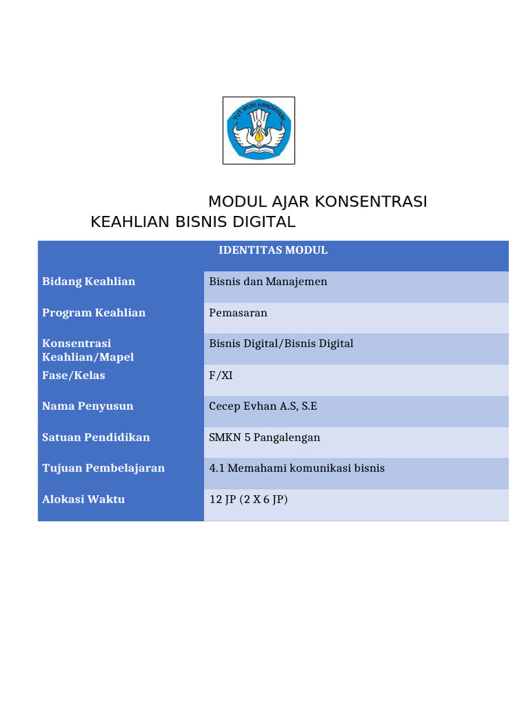 Modul Ajar Bisnis Digital - Komunikasi Bisnis - Salin | PDF