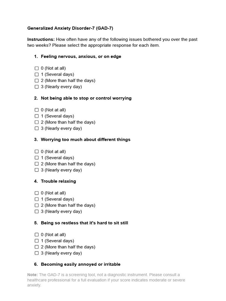 GAD-7 Anxiety Screening Tool | PDF