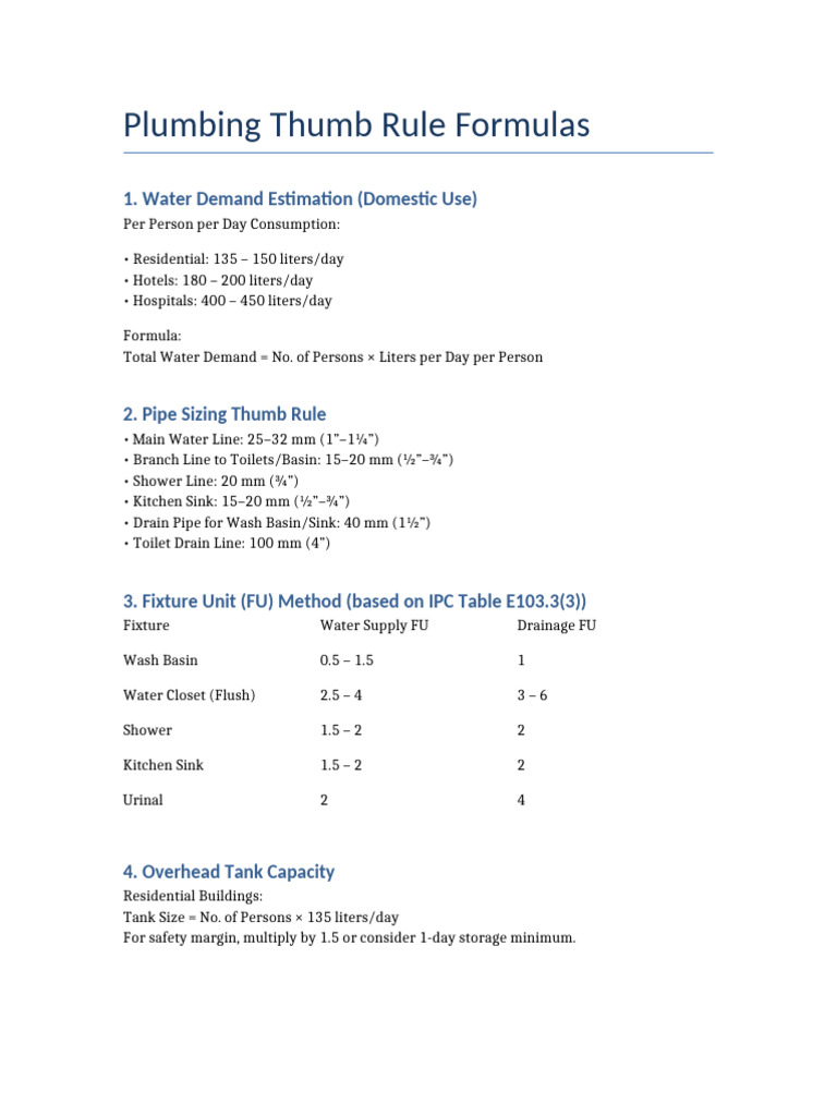 Plumbing Thumb Rule Formulas | PDF