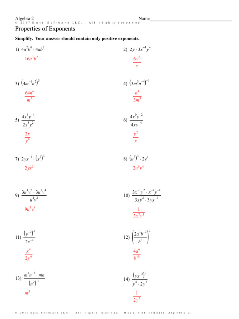 Properties of Exponents Worksheet | PDF