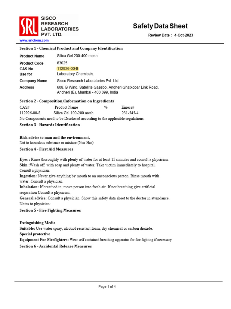 Silica Gel Safety Data Sheet | PDF | Occupational Safety And Health ...