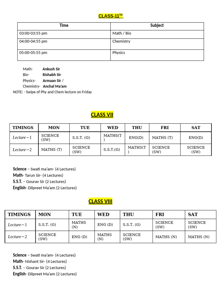 Time Table 2025-2026 (Rough) | PDF