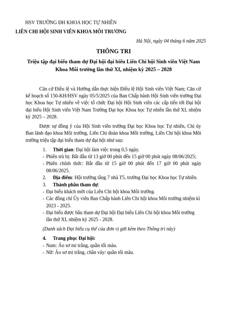 Thông tri triệu tập Đại biểu ĐH LCH | PDF