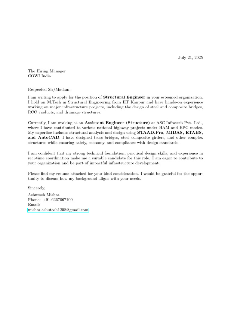 Cover Letter COWI | PDF