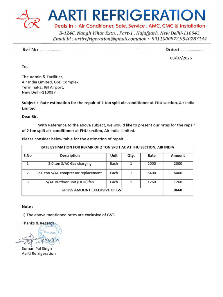 AC Repair Quotation for Air India | PDF
