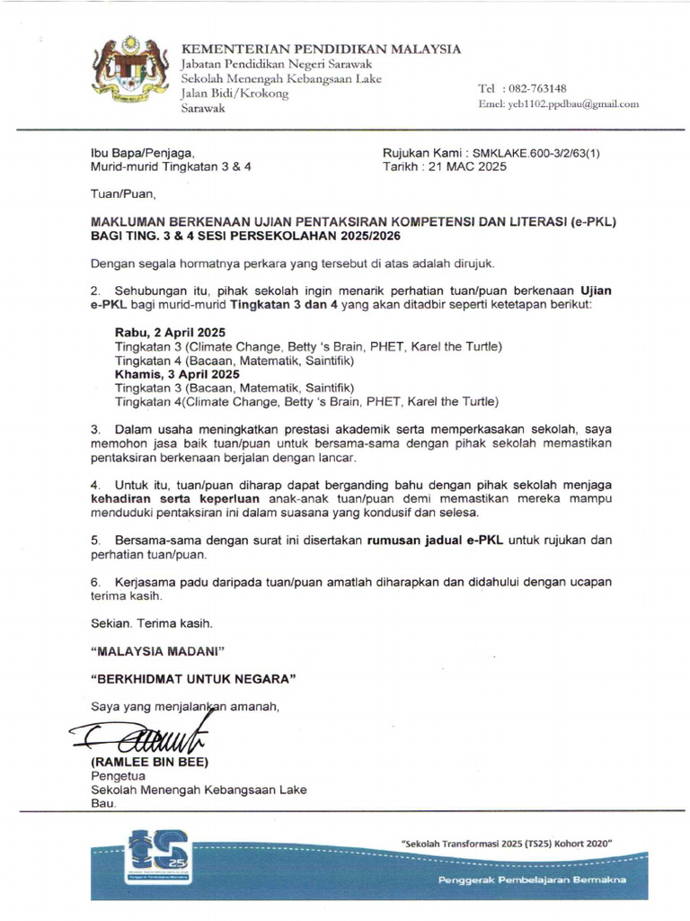 Surat Pemakluman Pelaksanaan e-PKL T3&T4 - 250328 - 101229 | PDF