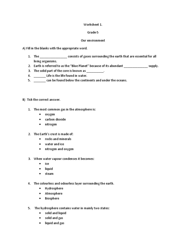 Grade 5 Environment Worksheet | PDF