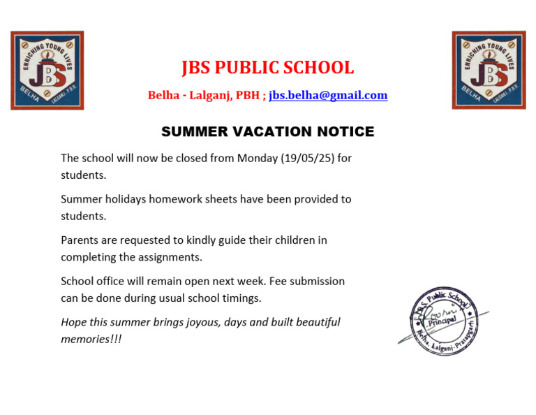 Jbs Public School Summer Vaccation Notice Format New | PDF