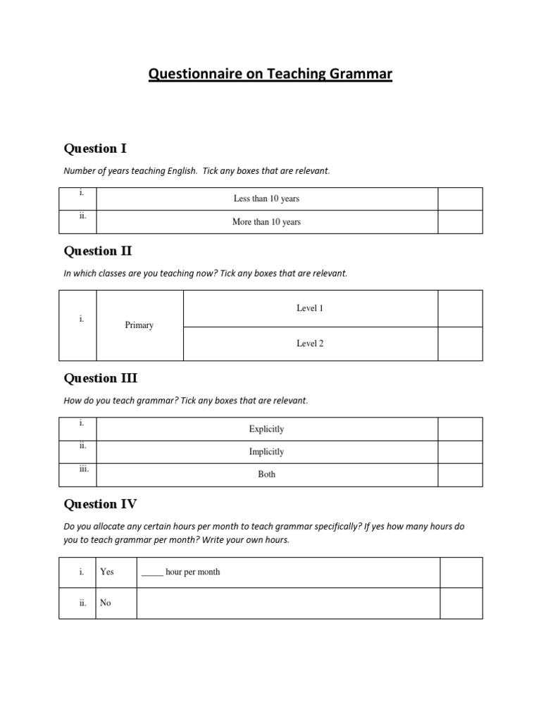 Teaching Grammar Questionnaire | PDF