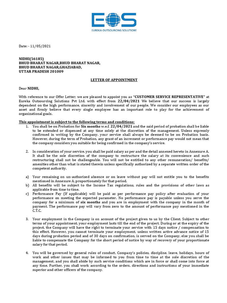 NIDHI (56185) Appointment Letter Appointment Letter Appt Letter Staff Apr2021 | PDF | Legal ...