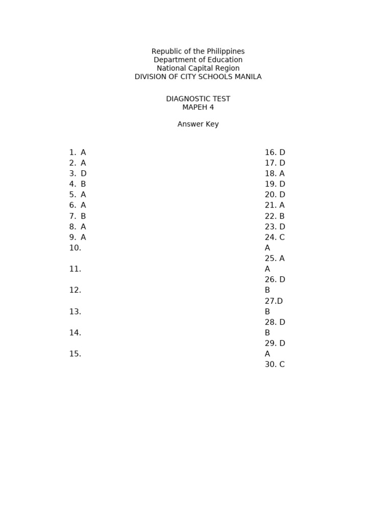 MAPEH 4 Diagnostic Test Answer Key | PDF