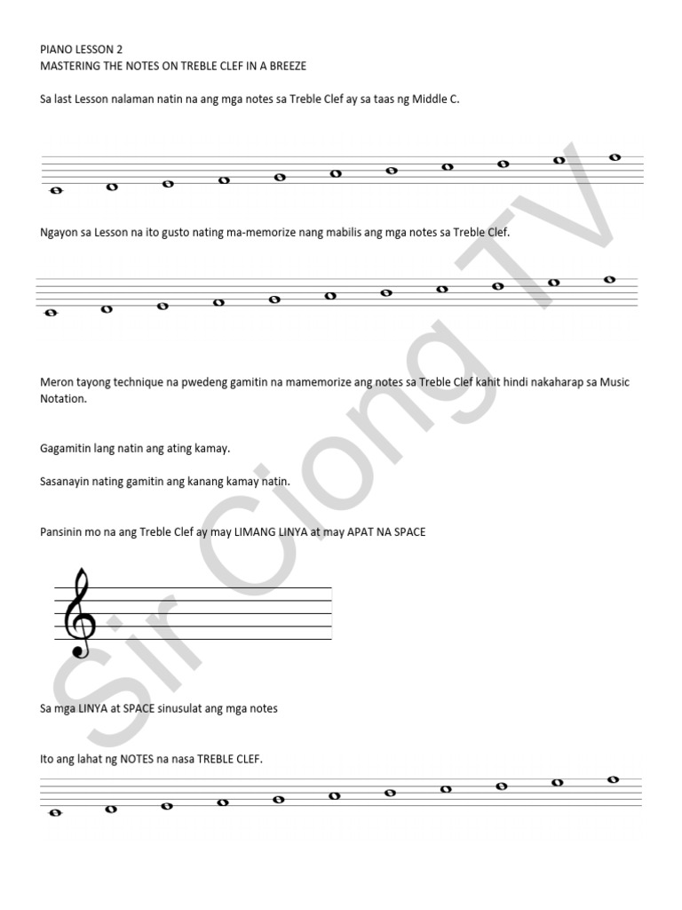 PIANO LESSON 2-Mastering The Treble Clef | PDF