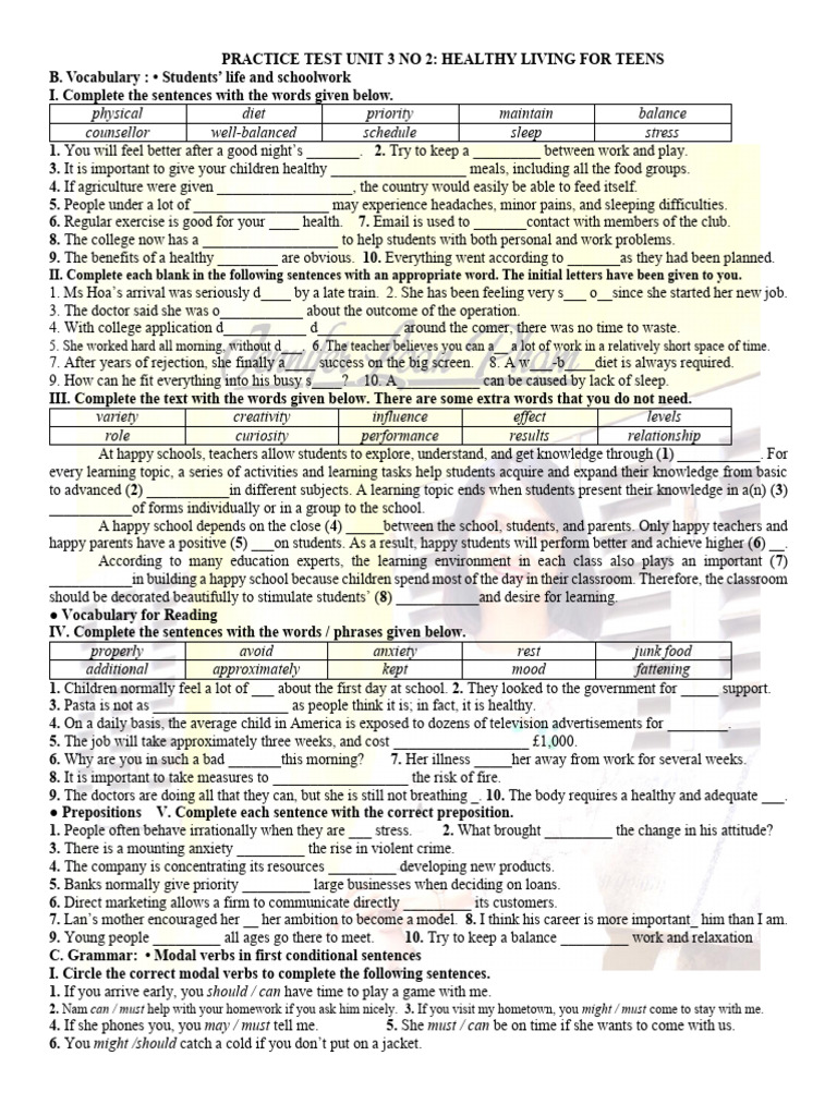 Unit 3 Practice Test: Healthy Living | PDF | Learning | Classroom