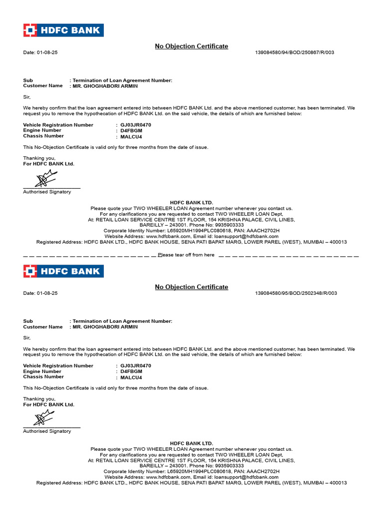 HDFC Two Wheeler Loan NOC Certificate | PDF | Banking | Financial Services